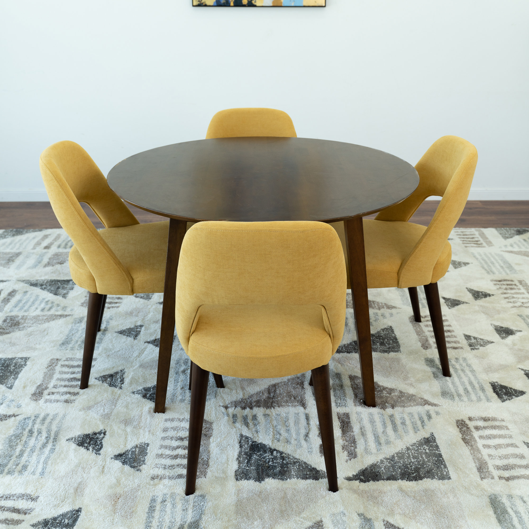 Corrigan Studio Kemmi 5 Piece Mid Century Round Dining Set W 4 Fabric Dining Chairs In Yellow Wayfair